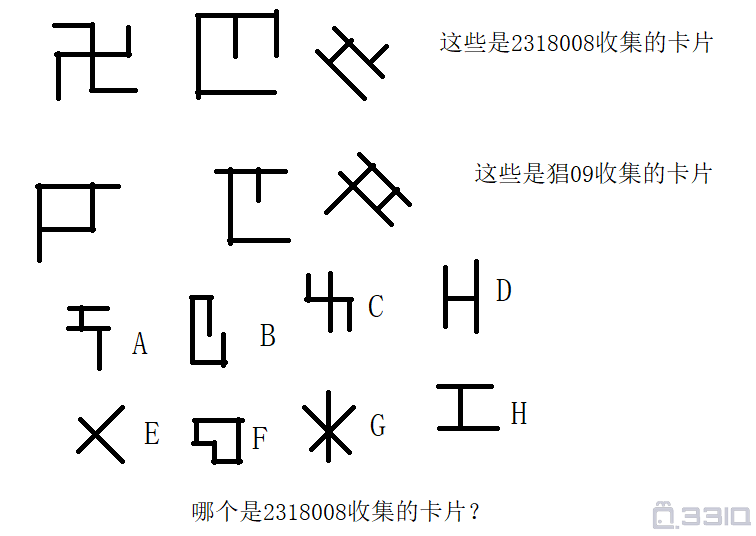 【巅峰推理】根据以下图形找规律 请问A-H选项中哪个图形是2318008的卡片... #503988-图形推理-逻辑思维-33IQ