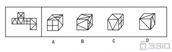 空间翻转5:左边给定的是纸盒的展开面，下面哪一项能由它折叠而成 #539007-空间翻转-图形视觉-33IQ